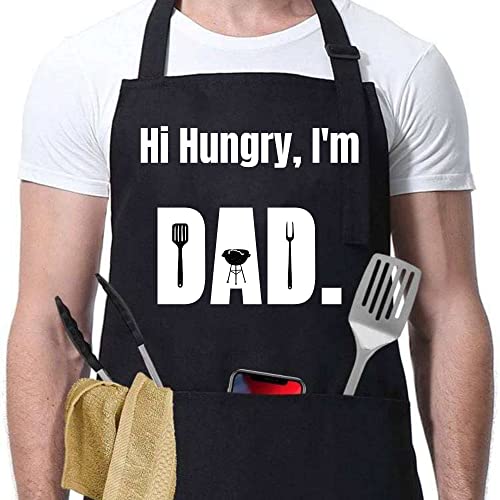 Funny Aprons for Men, Gifts for Fathers Day, Hi Hungry, I’m Dad - Mens Apron, Dad Apron for Kitchen with Pockets, BBQ Grilling Aprons, Birthday Gifts for Dad Son Husband