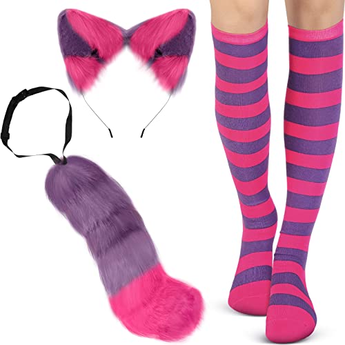 Striped Cat Costume for Girls Women, Cat Ears, Furry Tail, Striped Socks for Halloween Cosplay (Purple, Pink)