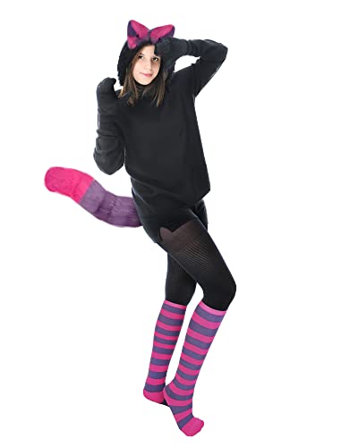 Striped Cat Costume for Girls Women, Cat Ears, Furry Tail, Striped Socks for Halloween Cosplay (Purple, Pink)