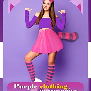 Striped Cat Costume for Girls Women, Cat Ears, Furry Tail, Striped Socks for Halloween Cosplay (Purple, Pink)