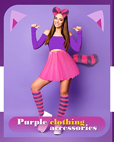 Striped Cat Costume for Girls Women, Cat Ears, Furry Tail, Striped Socks for Halloween Cosplay (Purple, Pink)