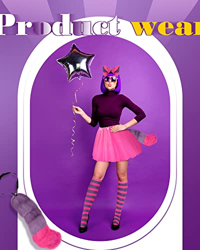 Striped Cat Costume for Girls Women, Cat Ears, Furry Tail, Striped Socks for Halloween Cosplay (Purple, Pink)