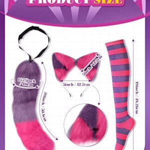 Striped Cat Costume for Girls Women, Cat Ears, Furry Tail, Striped Socks for Halloween Cosplay (Purple, Pink)