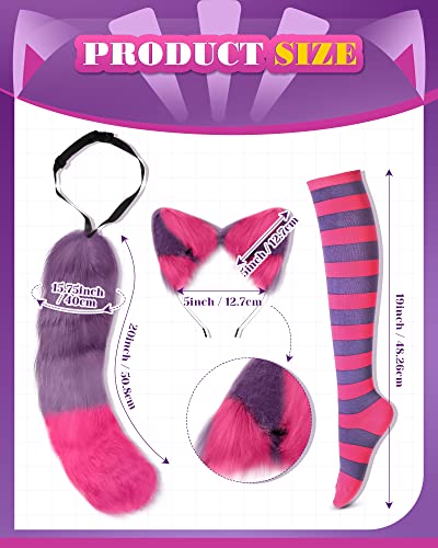 Striped Cat Costume for Girls Women, Cat Ears, Furry Tail, Striped Socks for Halloween Cosplay (Purple, Pink)