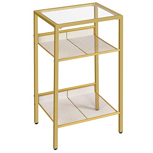 HOOBRO Tall End Table, Tempered Glass Telephone Table with Mesh Shelf, 3-Tier High and Narrow Side Table for Small Space, Sofa, Living Room, Bedroom, Easy Assembly, Modern Style, Gold GD04DH01