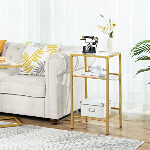 HOOBRO Tall End Table, Tempered Glass Telephone Table with Mesh Shelf, 3-Tier High and Narrow Side Table for Small Space, Sofa, Living Room, Bedroom, Easy Assembly, Modern Style, Gold GD04DH01