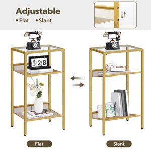 HOOBRO Tall End Table, Tempered Glass Telephone Table with Mesh Shelf, 3-Tier High and Narrow Side Table for Small Space, Sofa, Living Room, Bedroom, Easy Assembly, Modern Style, Gold GD04DH01