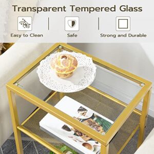 HOOBRO Tall End Table, Tempered Glass Telephone Table with Mesh Shelf, 3-Tier High and Narrow Side Table for Small Space, Sofa, Living Room, Bedroom, Easy Assembly, Modern Style, Gold GD04DH01