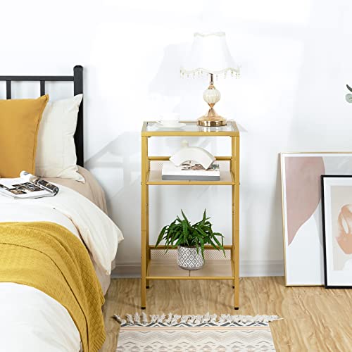 HOOBRO Tall End Table, Tempered Glass Telephone Table with Mesh Shelf, 3-Tier High and Narrow Side Table for Small Space, Sofa, Living Room, Bedroom, Easy Assembly, Modern Style, Gold GD04DH01