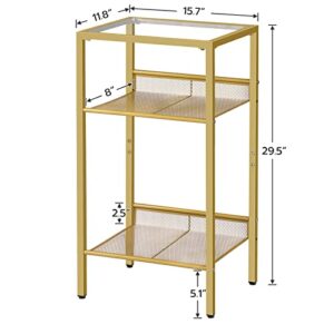 HOOBRO Tall End Table, Tempered Glass Telephone Table with Mesh Shelf, 3-Tier High and Narrow Side Table for Small Space, Sofa, Living Room, Bedroom, Easy Assembly, Modern Style, Gold GD04DH01