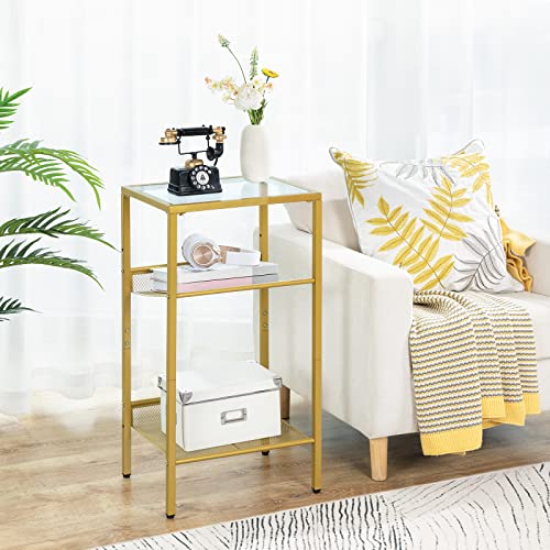 HOOBRO Tall End Table, Tempered Glass Telephone Table with Mesh Shelf, 3-Tier High and Narrow Side Table for Small Space, Sofa, Living Room, Bedroom, Easy Assembly, Modern Style, Gold GD04DH01