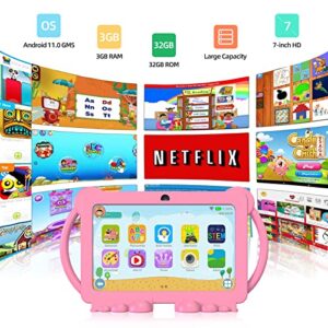 YOBANSE Kids Tablet, 7 inch Tablet for Kids 3GB RAM 32GB ROM Android 11.0 Toddler Tablet with Bluetooth, WiFi, GMS, Parental Control, Dual Camera, Shockproof Case, Educational, Games(Light Pink)