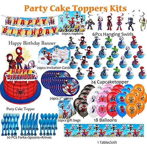 186PCS Spidey And His Amazing Friends SPlDERMEN Birthday Party Supplies for Kid, Party decorations for Girls, Baby Shower, Happy Birthday Supplies, Party Decorations for Boys, Include Invited cards, Sling, Tablecloth, Plates, Napkins, Gift bags, Birthday