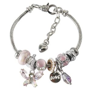 ds charm bracelets for girls,exquisite cute cartoon friendship bracelets stainless steel bangle with birthday gift box, adjustable girls jewelry suitable for holiday gifts (pink butterfly)