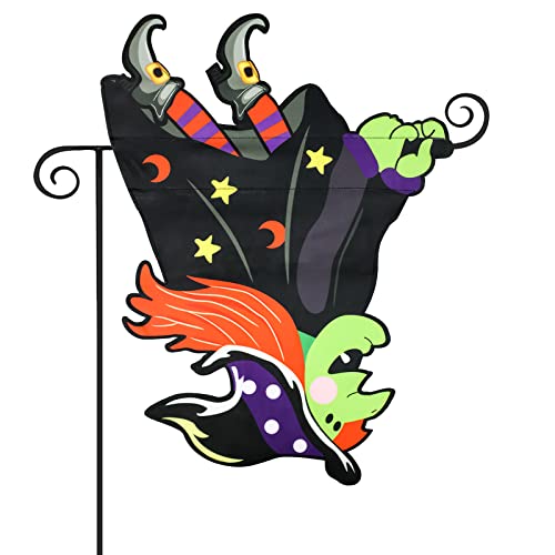 3D Witch Riding Broom Halloween Garden Flag, YEAHOME Vertical Double Sided 12.5x18 Inch Applique Yard Flag, Halloween Decorations Outdoor, Rustic Farmhouse Decor for Seasonal Holiday