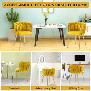 NIOIIKIT Modern Velvet Dining Chairs Set of 2 Hand Weaving Accent Chairs Living Room Chairs Upholstered Side Chair with Golden Metal Legs for Dining Room Kitchen Vanity Living Room (Mustard)