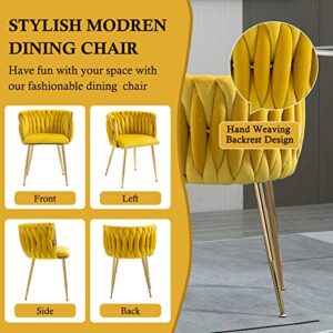 NIOIIKIT Modern Velvet Dining Chairs Set of 2 Hand Weaving Accent Chairs Living Room Chairs Upholstered Side Chair with Golden Metal Legs for Dining Room Kitchen Vanity Living Room (Mustard)