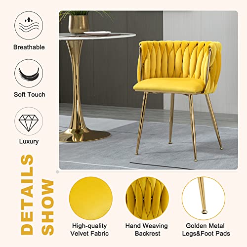 NIOIIKIT Modern Velvet Dining Chairs Set of 2 Hand Weaving Accent Chairs Living Room Chairs Upholstered Side Chair with Golden Metal Legs for Dining Room Kitchen Vanity Living Room (Mustard)