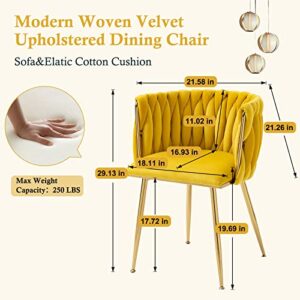 NIOIIKIT Modern Velvet Dining Chairs Set of 2 Hand Weaving Accent Chairs Living Room Chairs Upholstered Side Chair with Golden Metal Legs for Dining Room Kitchen Vanity Living Room (Mustard)