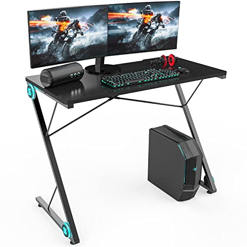 Z-Shaped Computer Desk PC Gaming Table, Black Desk with LED Lights, Home Office Work Desk for Small Spaces