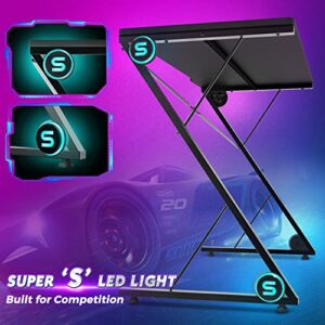 Z-Shaped Computer Desk PC Gaming Table, Black Desk with LED Lights, Home Office Work Desk for Small Spaces