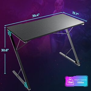 Z-Shaped Computer Desk PC Gaming Table, Black Desk with LED Lights, Home Office Work Desk for Small Spaces