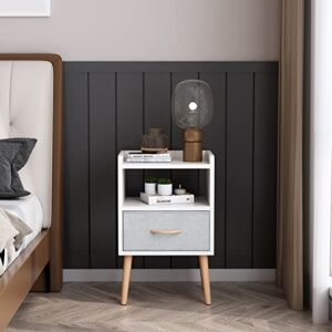 LUCKNOCK NightStand with Fabric Drawer, Bedside Table with Solid Wood Legs, Minimalist and Practical End Side Table with Open Storage Shelf for Bedroom, White.