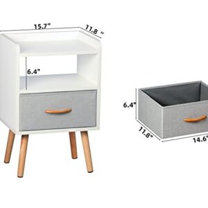 LUCKNOCK NightStand with Fabric Drawer, Bedside Table with Solid Wood Legs, Minimalist and Practical End Side Table with Open Storage Shelf for Bedroom, White.