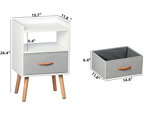 LUCKNOCK NightStand with Fabric Drawer, Bedside Table with Solid Wood Legs, Minimalist and Practical End Side Table with Open Storage Shelf for Bedroom, White.