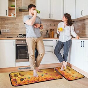 Sunflower Pumpkin Kitchen Rugs 2 Pieces, Maple Leaves Floor Mat Room Area Rug Washable Carpet Perfect for Living Room Bedroom Entryway