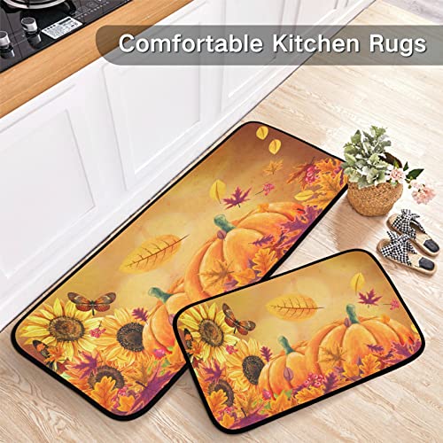 Sunflower Pumpkin Kitchen Rugs 2 Pieces, Maple Leaves Floor Mat Room Area Rug Washable Carpet Perfect for Living Room Bedroom Entryway