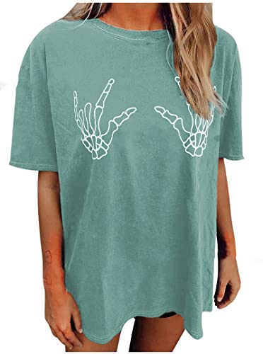 Avanova Women's Skull Graphic Print Oversized Tee Short Sleeve Casual Summer Loose T Shirt A Green Large