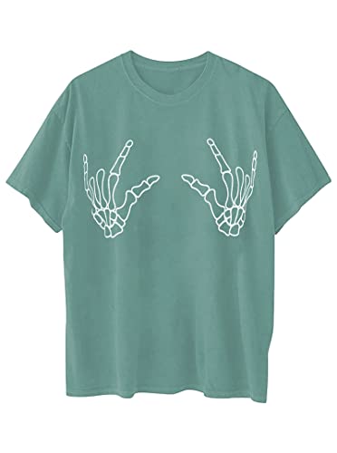 Avanova Women's Skull Graphic Print Oversized Tee Short Sleeve Casual Summer Loose T Shirt A Green Large