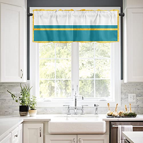 Kitchen Valance for Windows Rod Pocket Curtain Valances Modern Simple Turquoise Teal Privacy Short Curtains Panels Window Treatment for Living Room Bedroom Bathroom Decor Gold Border White Back