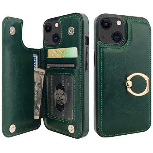 Onetop for iPhone 13 Wallet Case with Card Holder, 360° Rotation Ring Kickstand RFID Blocking PU Leather Double Magnetic Clasp Shockproof Cover for Women and Girls 6.1 Inch (Green)