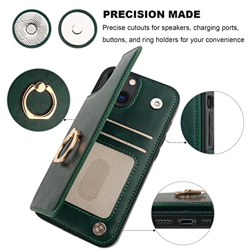 Onetop for iPhone 13 Wallet Case with Card Holder, 360° Rotation Ring Kickstand RFID Blocking PU Leather Double Magnetic Clasp Shockproof Cover for Women and Girls 6.1 Inch (Green)