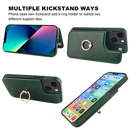 Onetop for iPhone 13 Wallet Case with Card Holder, 360° Rotation Ring Kickstand RFID Blocking PU Leather Double Magnetic Clasp Shockproof Cover for Women and Girls 6.1 Inch (Green)