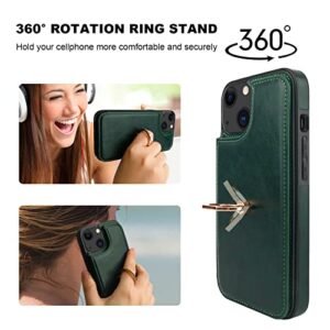 Onetop for iPhone 13 Wallet Case with Card Holder, 360° Rotation Ring Kickstand RFID Blocking PU Leather Double Magnetic Clasp Shockproof Cover for Women and Girls 6.1 Inch (Green)