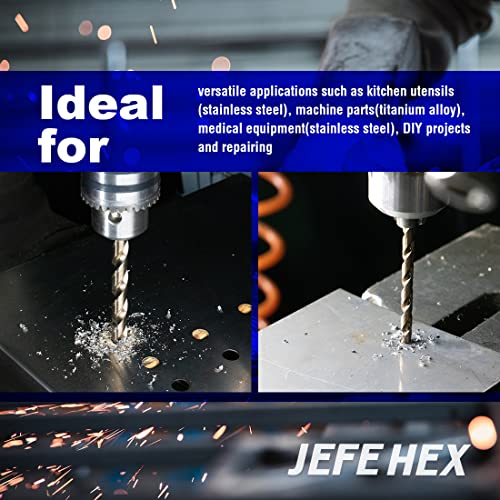 JEFE HEX 115 PCS HSS Cobalt Drill Bit Set, Twist Jobber Drill Bits Set, 135-Degree Split Point, Fractional 1/16"-1/2", Letter A - Z, Wire #1 - #60 with Metal Indexed Storage Case