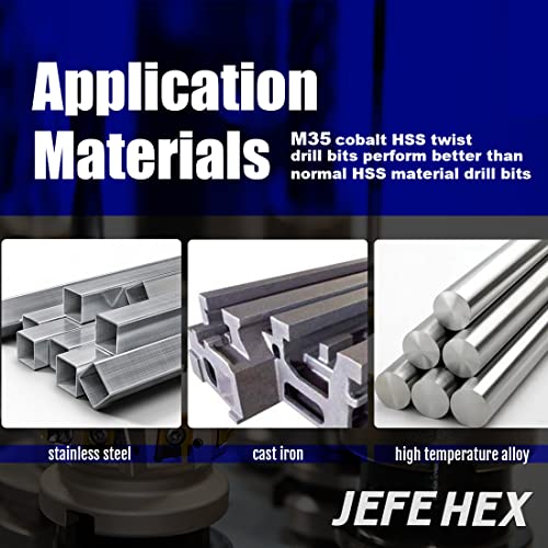 JEFE HEX 115 PCS HSS Cobalt Drill Bit Set, Twist Jobber Drill Bits Set, 135-Degree Split Point, Fractional 1/16"-1/2", Letter A - Z, Wire #1 - #60 with Metal Indexed Storage Case