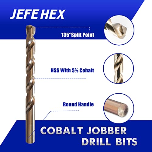 JEFE HEX 115 PCS HSS Cobalt Drill Bit Set, Twist Jobber Drill Bits Set, 135-Degree Split Point, Fractional 1/16"-1/2", Letter A - Z, Wire #1 - #60 with Metal Indexed Storage Case