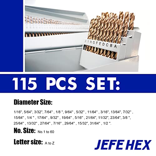 JEFE HEX 115 PCS HSS Cobalt Drill Bit Set, Twist Jobber Drill Bits Set, 135-Degree Split Point, Fractional 1/16"-1/2", Letter A - Z, Wire #1 - #60 with Metal Indexed Storage Case