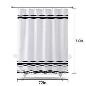 Seasonwood Black and White Shower Curtain Farmhouse Shower Curtain Striped Shower Curtain for Bathroom Sets Boho Shower Curtain with Tassels Modern Bathroom Curtains Decor Waterproof Fabric 72"x72"