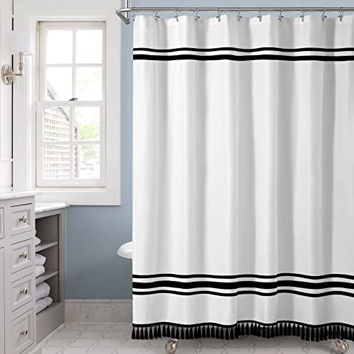 Seasonwood Black and White Shower Curtain Farmhouse Shower Curtain Striped Shower Curtain for Bathroom Sets Boho Shower Curtain with Tassels Modern Bathroom Curtains Decor Waterproof Fabric 72"x72"