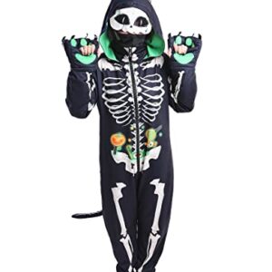 haikyuu Halloween Women Skull Cat Onesie Skeleton Pajama Cosplay Costume Loungewear Hooded Kigurumi Jumpsuit Homewear (large, cat green and black)