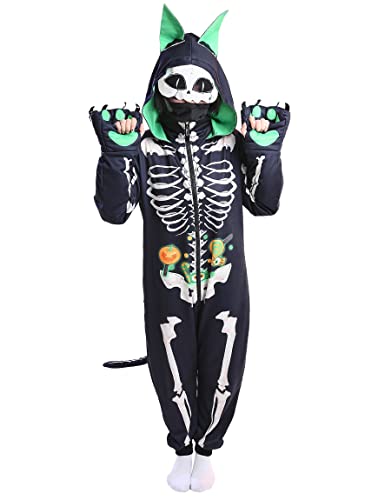 haikyuu Halloween Women Skull Cat Onesie Skeleton Pajama Cosplay Costume Loungewear Hooded Kigurumi Jumpsuit Homewear (large, cat green and black)