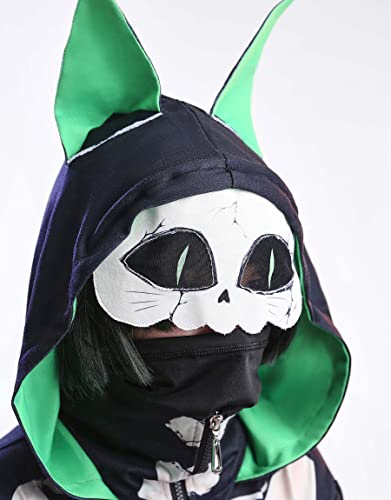 haikyuu Halloween Women Skull Cat Onesie Skeleton Pajama Cosplay Costume Loungewear Hooded Kigurumi Jumpsuit Homewear (large, cat green and black)