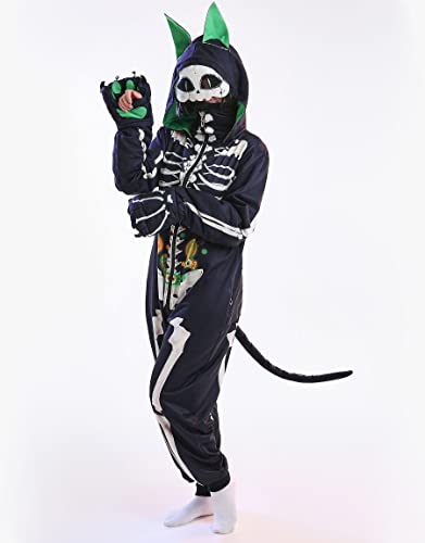 haikyuu Halloween Women Skull Cat Onesie Skeleton Pajama Cosplay Costume Loungewear Hooded Kigurumi Jumpsuit Homewear (large, cat green and black)