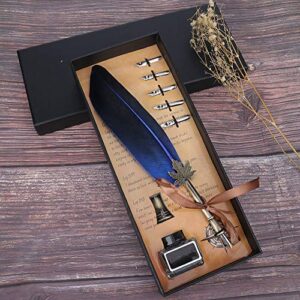 Joyzan Quill Pen, Calligraphy Pen Set Antique Feather Pen Vintage Signature Pen 5 Stainless Steel Replacement Nibs and Pen Holder Office School Supplies(Blue)