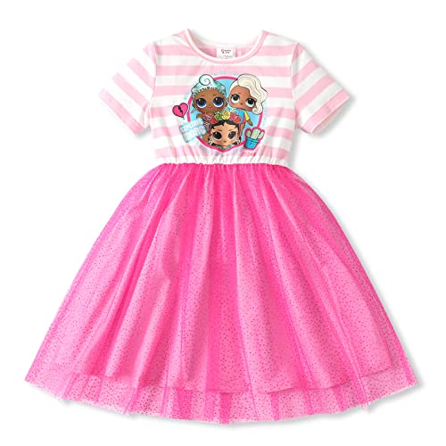 L.O.L. Surprise! Kid Girls Striped Glitter Design Short Sleeve Tutu Dress Tulle Princess Dress Party Birthday 11-12 Years Pink